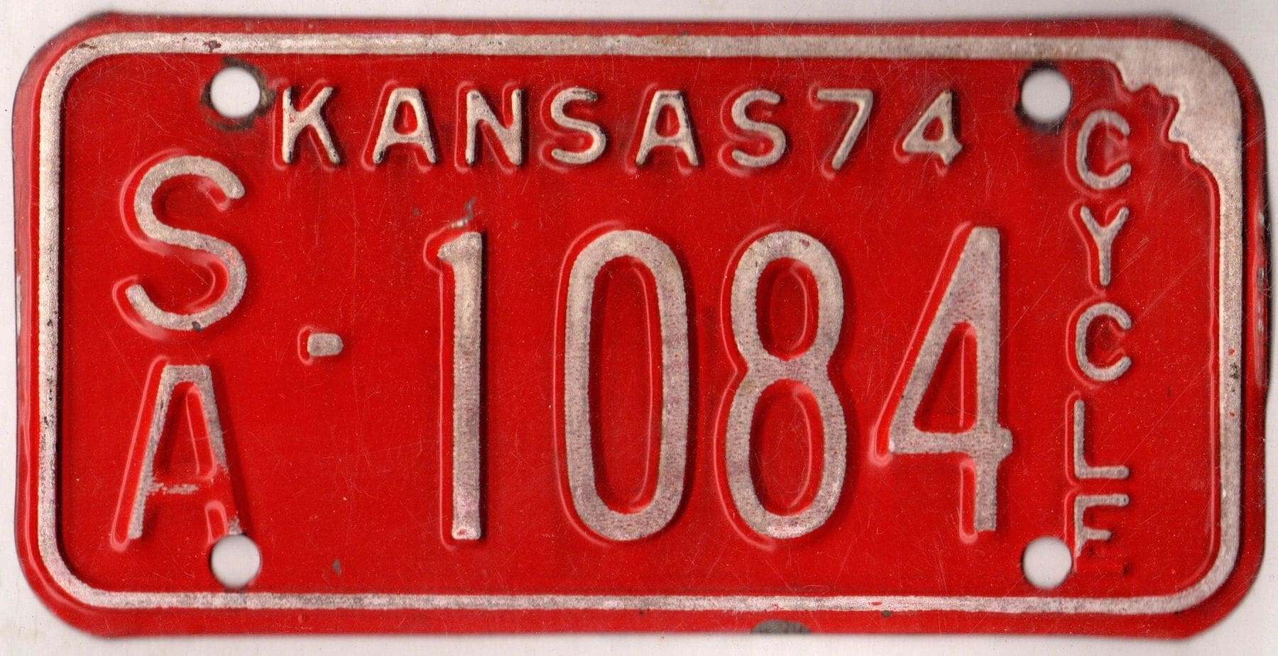Kansas 1974 motorcycle license plate Saline county #SA-1084