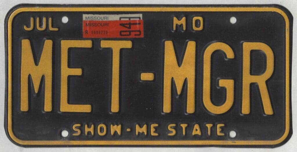 Missouri 1994 vanity license plate #MET-MGR